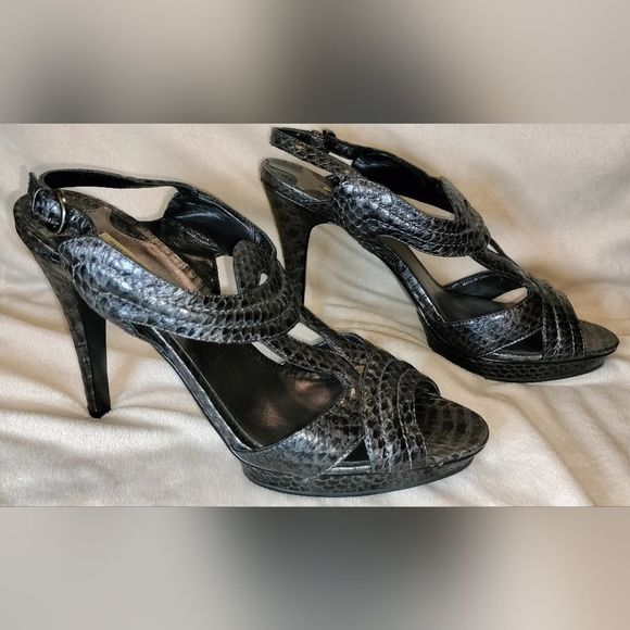Max Studio | Shoes | Nwot Max Studio Metallic Gray Strappy Snakeskin ...